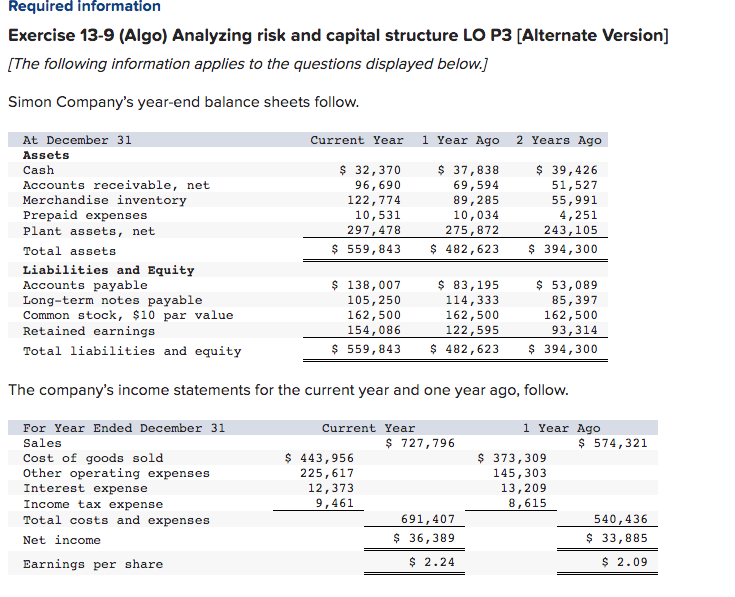 Solved Exercise 13-9 (Algo) Part 1 [Alternate Version] (1) | Chegg.com