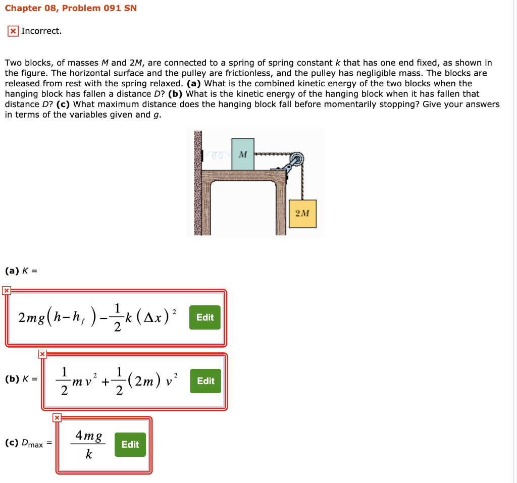 Solved Chapter 08, Problem 091 SN x Incorrect. Two blocks, | Chegg.com