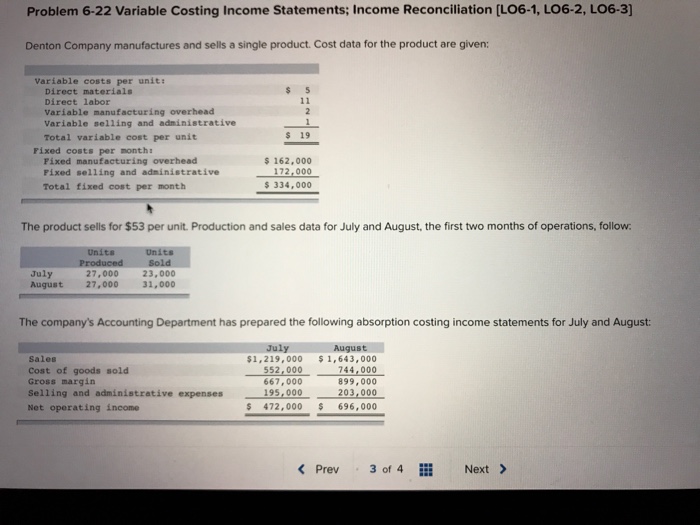 Solved Problem 6-22 Variable Costing Income Statements; | Chegg.com