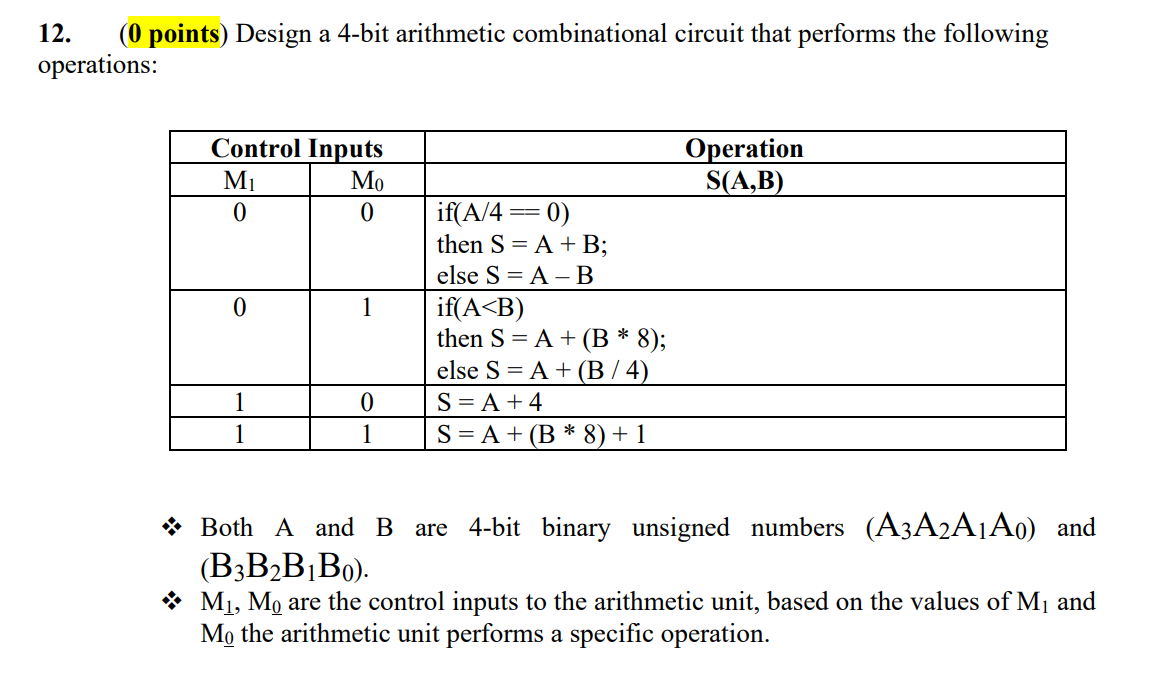 Solved 12. (0 points) Design a 4-bit arithmetic | Chegg.com Solved 12. (0 points) Design a 4-bit arithmetic | Chegg.com