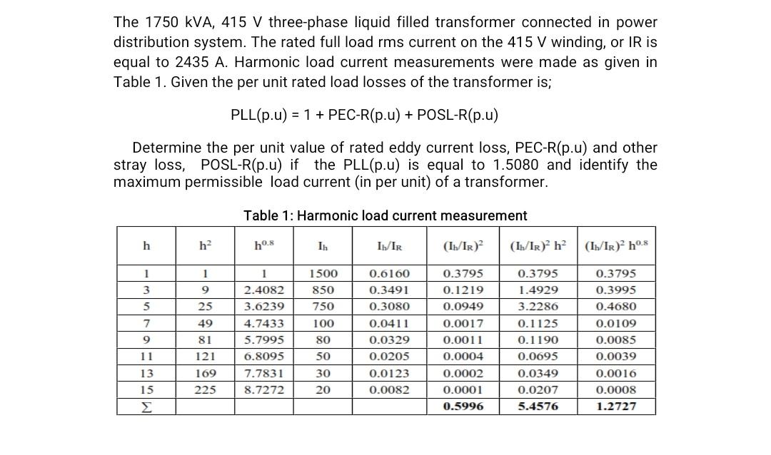 The 1750kVA,415 V three-phase liquid filled | Chegg.com