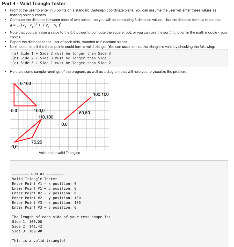 Part 4 - Valid Triangle Tester • Prompt the user to | Chegg.com