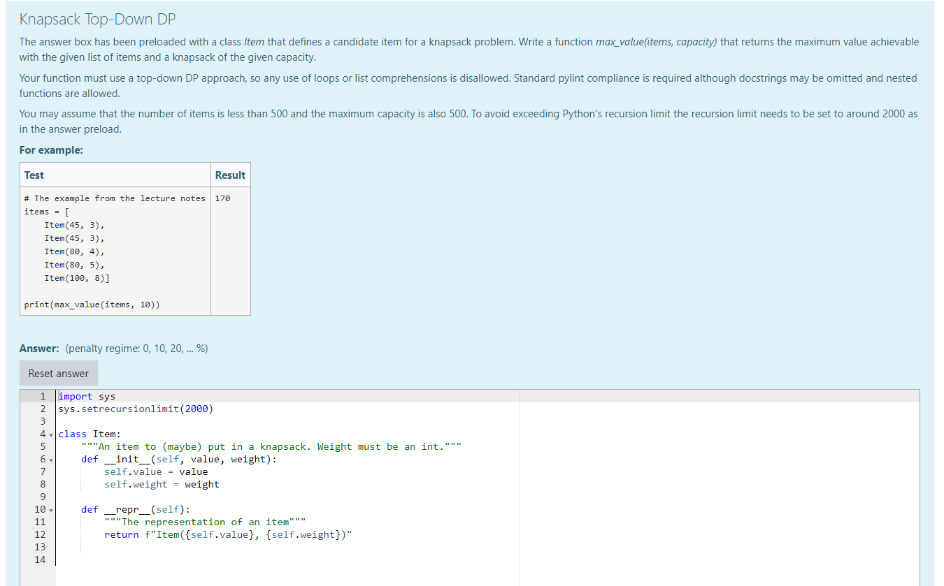 Solved Knapsack Top-Down DP The answer box has been | Chegg.com