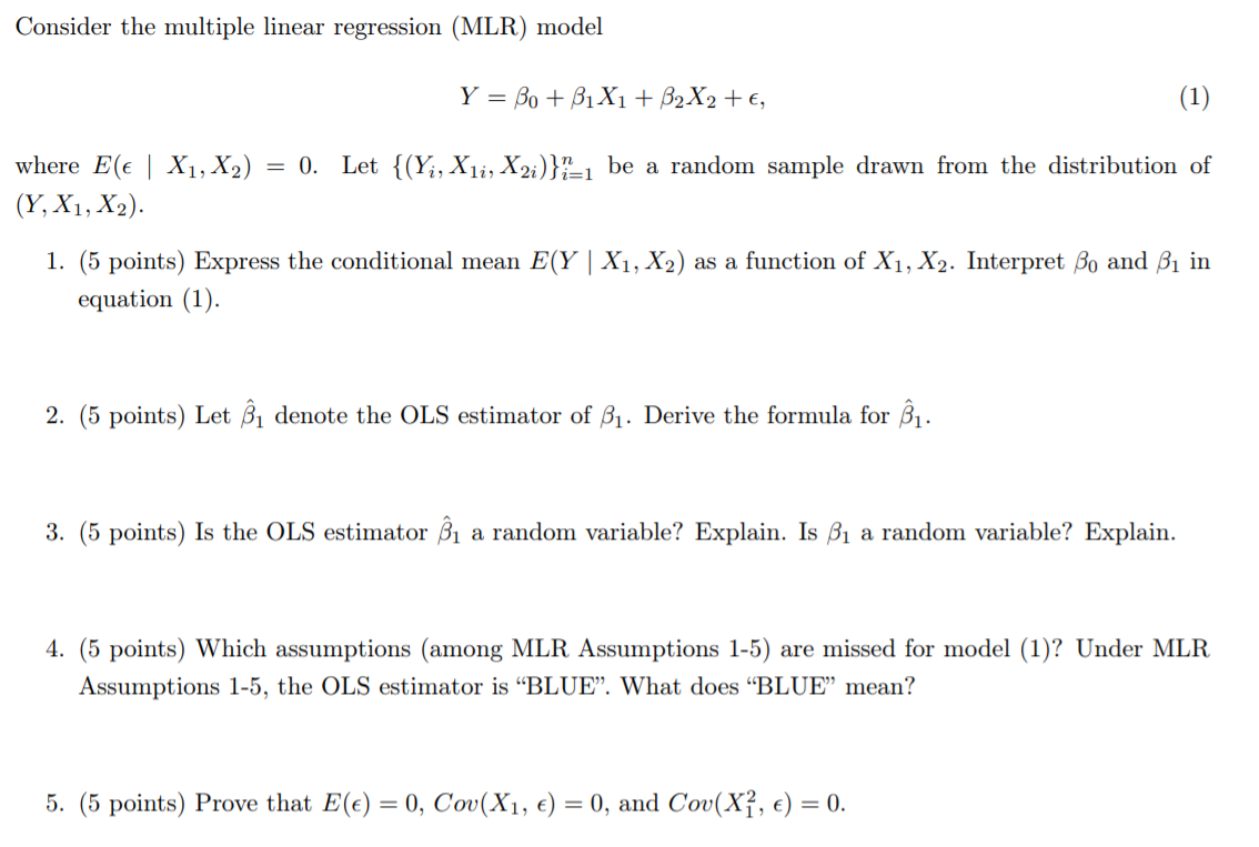Solved Consider the multiple linear regression (MLR) model Y | Chegg.com