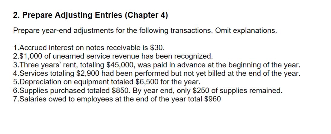 Solved 2. Prepare Adjusting Entries (Chapter 4) Prepare | Chegg.com