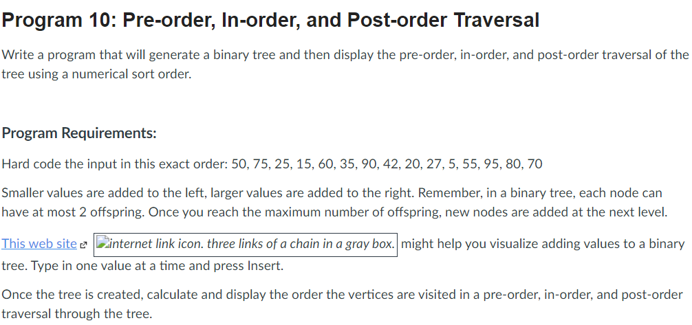 Solved Program 10: Pre-order, In-order, and Post-order | Chegg.com