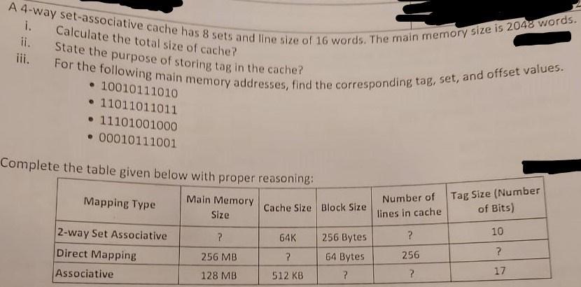 Solved A 4-way set-associative cache has 8 sets and line | Chegg.com