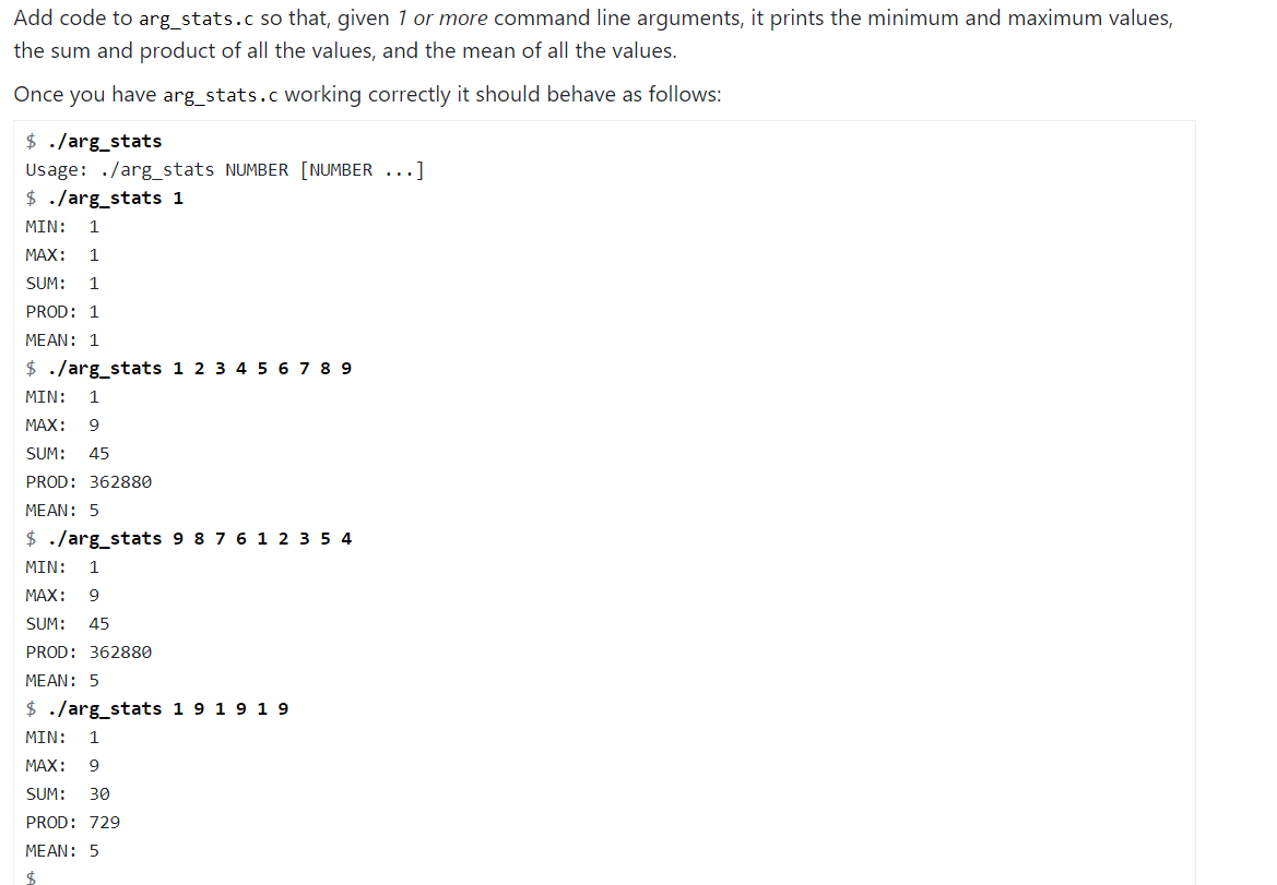 Solved Add code to arg_stats.c so that, given 1 or more | Chegg.com