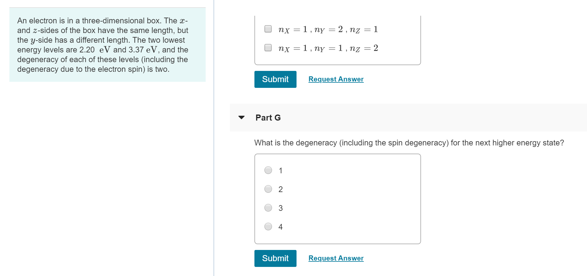 Solved Onx =1, ny = 2 , nz = 1 An electron is in a | Chegg.com