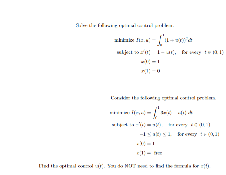Solve the following optimal control problem. minimize | Chegg.com