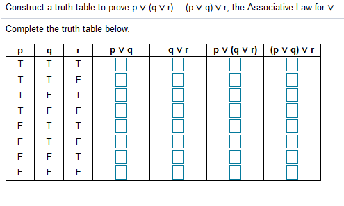 Solved Construct a truth table to prove p v (q vr)(pv q) vr, | Chegg.com