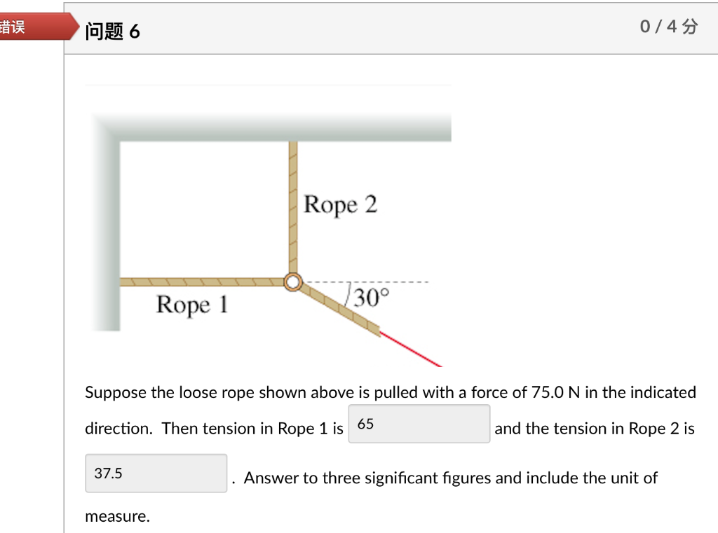 Solved 错误 问题6 0/4 Rope 2 Rope 1 30° Suppose the loose rope | Chegg.com