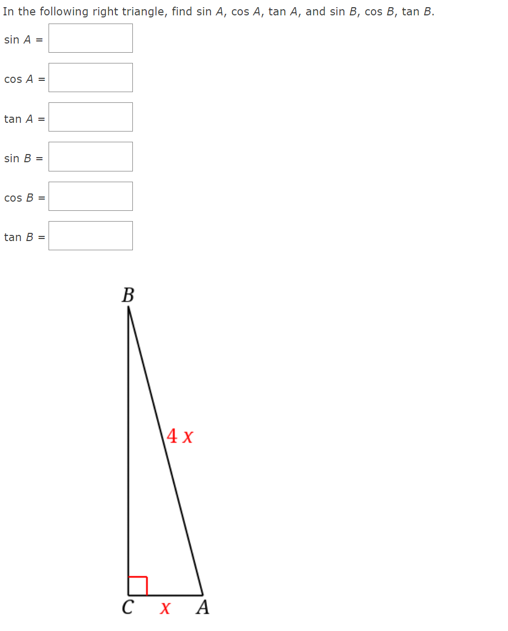 Solved In the following right triangle, find sinA,cosA,tanA, | Chegg.com