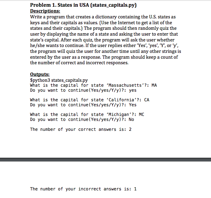Solved Problem 1. States in USA (states_capitals.py) | Chegg.com