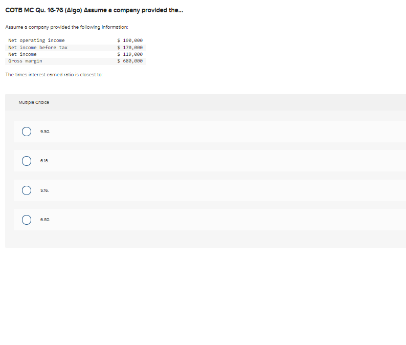 Solved COTB MC Qu. 16.76 (Algo) Assume a company provided | Chegg.com