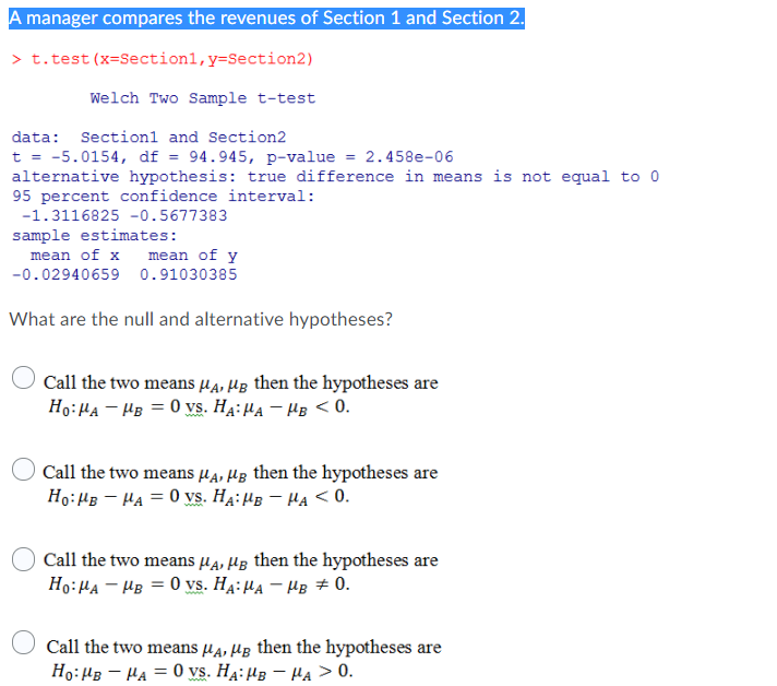 Solved A manager compares the revenues of Section 1 and | Chegg.com