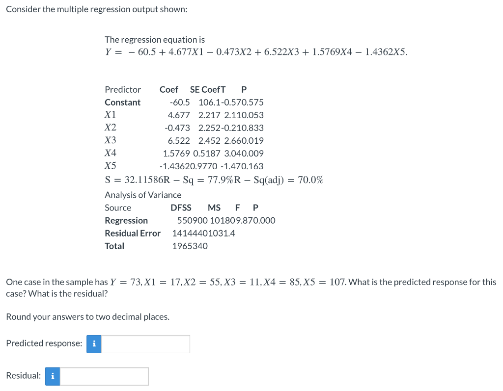 Solved Consider the multiple regression output shown: The | Chegg.com