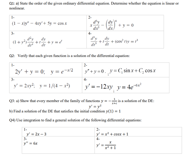 Solved y' =-12xy y = 4e0%? Q1: a) State the order of the | Chegg.com