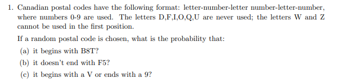 Solved 1. Canadian postal codes have the following format: | Chegg.com