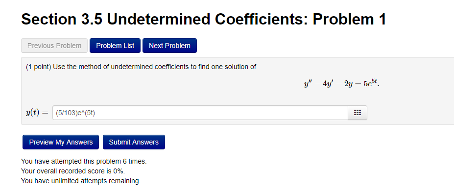 Solved Section 3.5 Undetermined Coefficients: Problem 1 | Chegg.com
