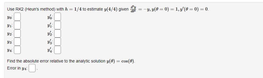 Solved Use RK2 (Heun's method) with h=1/4 to estimate y(4/4) | Chegg.com