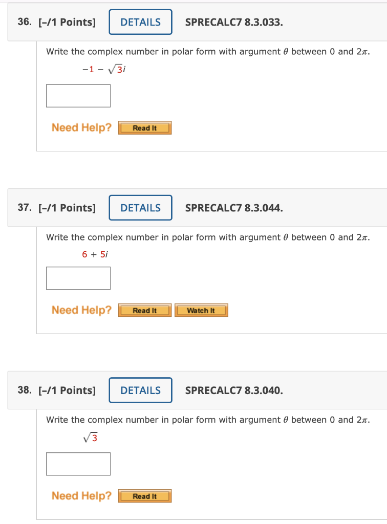 Solved [-/1 Points] SPRECALC7 8.3.033. Write the complex | Chegg.com