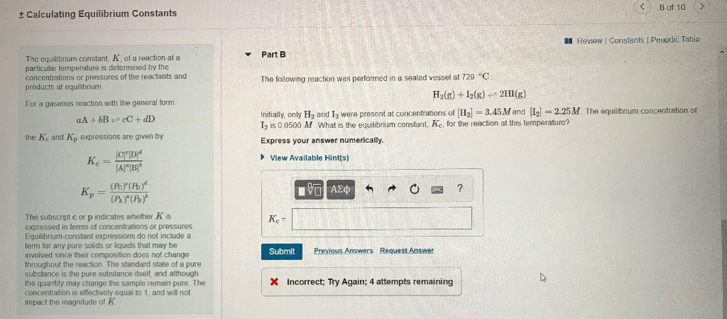 Solved 6 of 10 > Calculating Equilibrium Constants A Review | Chegg.com