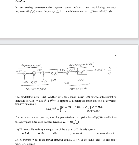 Prablem In an analog communication system given | Chegg.com
