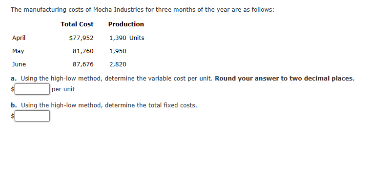 Solved The manufacturing costs of Mocha Industries for three | Chegg.com