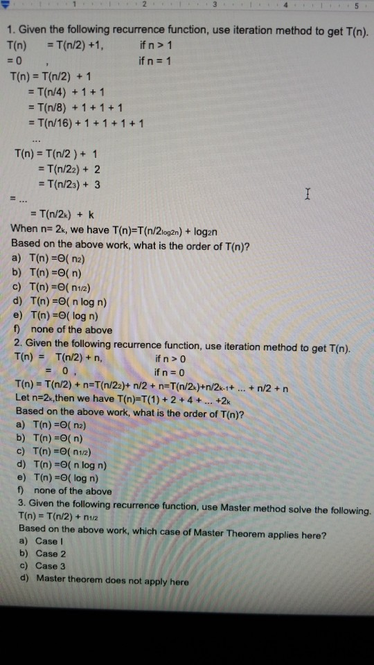 Solved 2 3 1 5 1. Given the following recurrence function, | Chegg.com