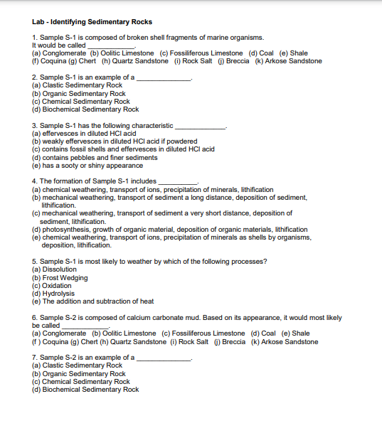 Solved Samples for Sedimentary Rock Identification S-1 S-2 | Chegg.com