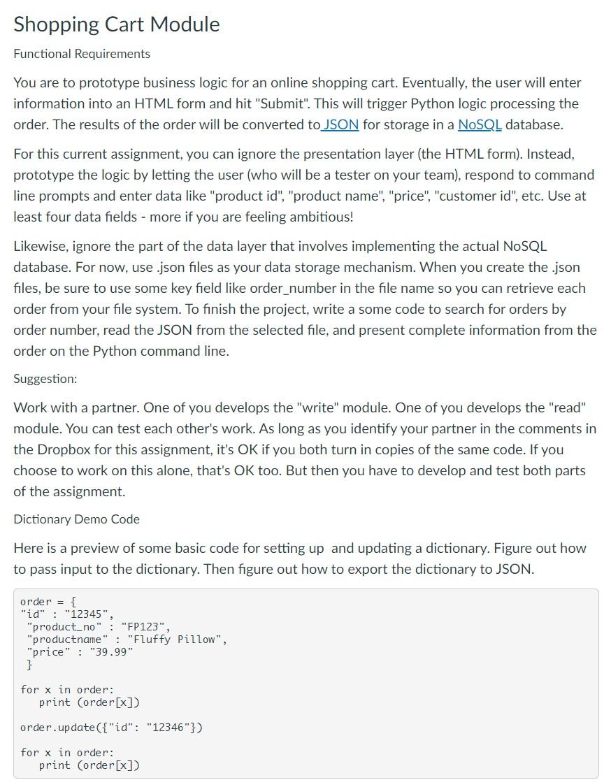 Solved Shopping Cart Module Functional Requirements You are | Chegg.com