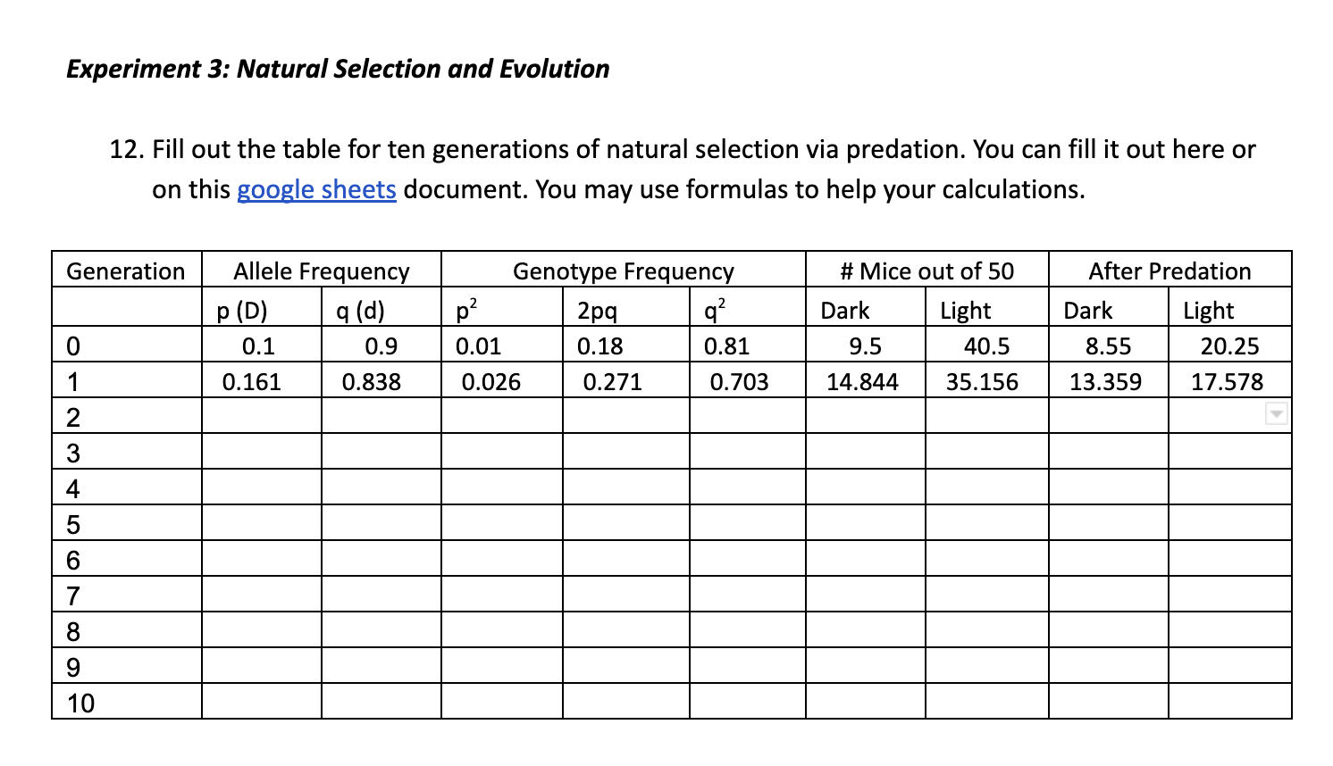 12. Fill out the table for ten generations of natural | Chegg.com