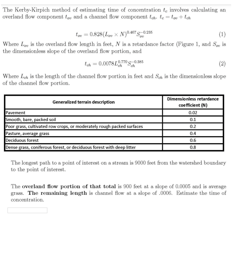 Solved The Kerby-Kirpich method of estimating time of | Chegg.com