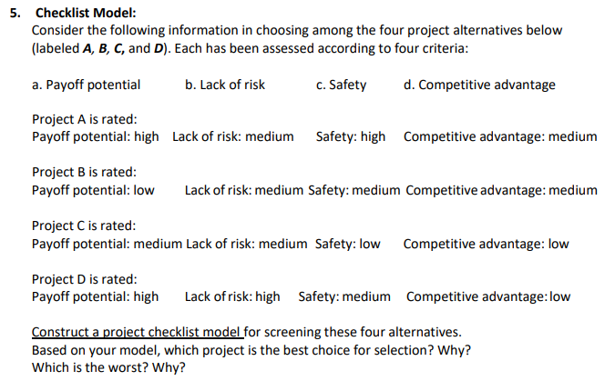 Solved 5. Checklist Model: Consider the following | Chegg.com