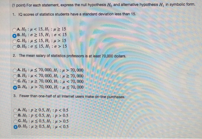 Solved (1 point) For each statement, express the null | Chegg.com