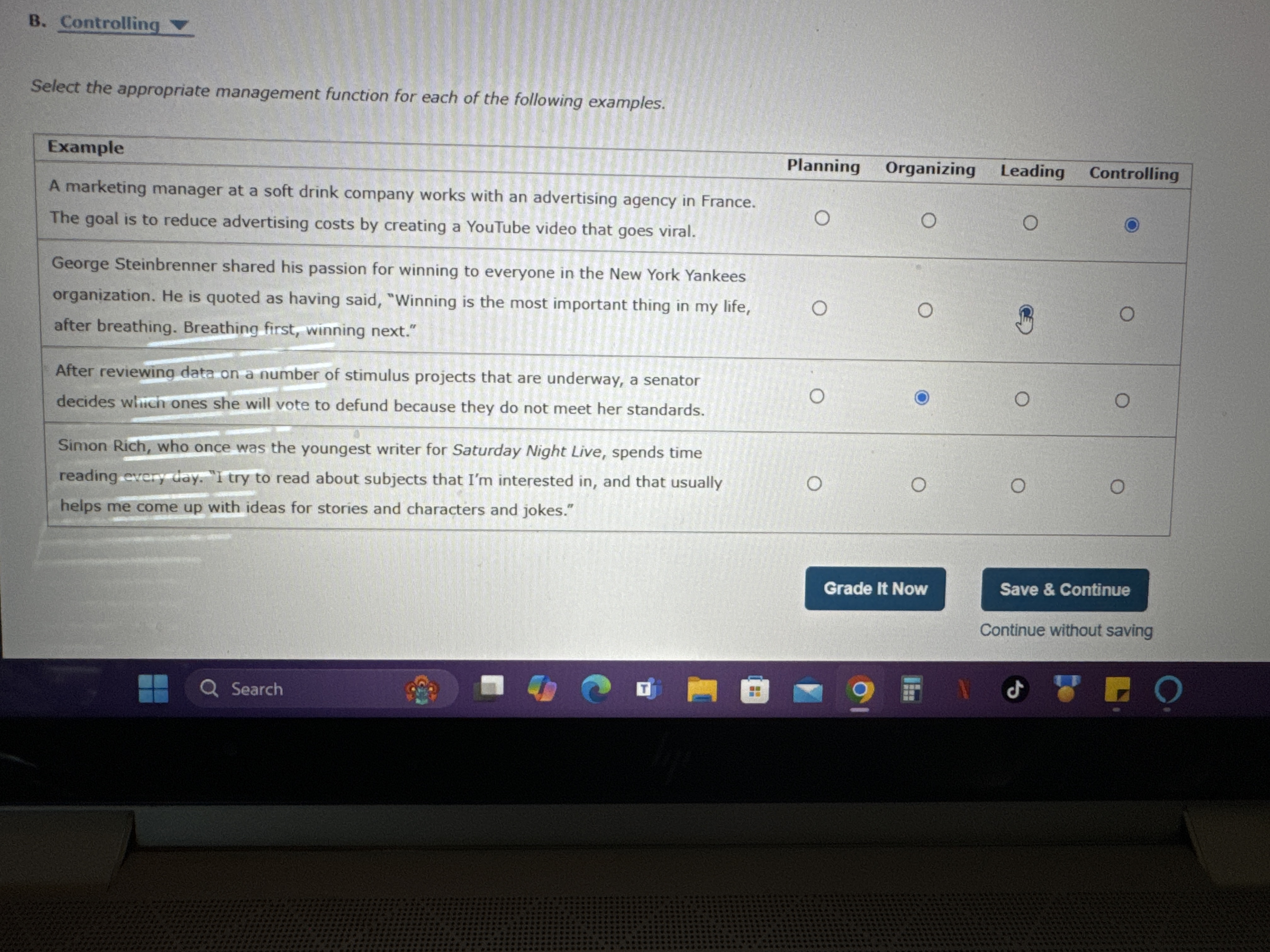 Solved B.ControllingSelect the appropriate management | Chegg.com
