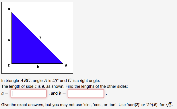 Solved B 9 С A b In triangle ABC, angle A is 45º and C is a | Chegg.com