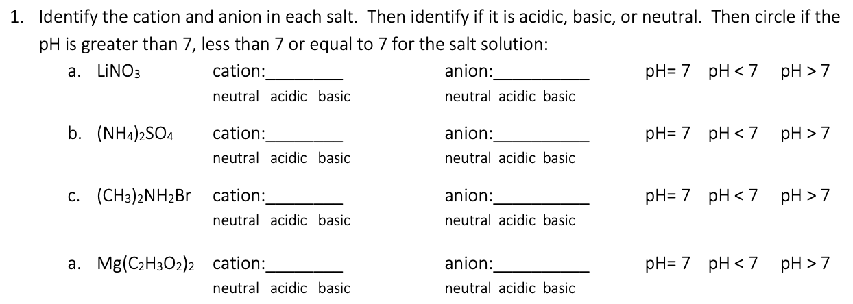 Solved 1. Identify the cation and anion in each salt. Then | Chegg.com