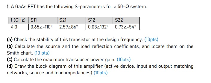 Solved 1. A GaAs FET has the following S-parameters for a | Chegg.com