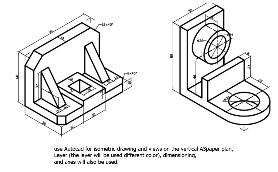 Solved -12x45 636 08 U 6x45 30 30 use Autocad for isometric | Chegg.com