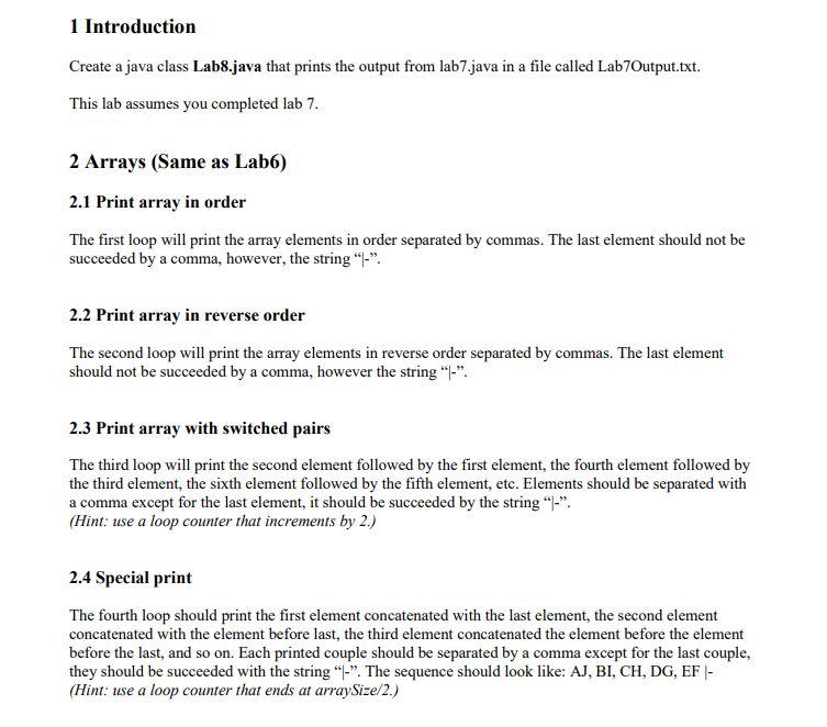 Solved 1 Introduction Create a java class Lab8.java that | Chegg.com