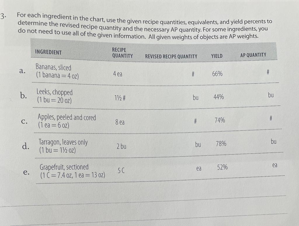Solved 3 For each ingredient in the chart, use the given | Chegg.com