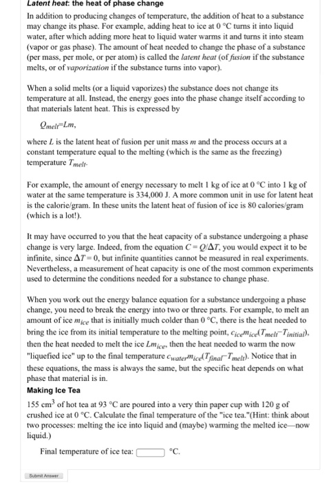 Solved Latent heat: the heat of phase change In addition to | Chegg.com