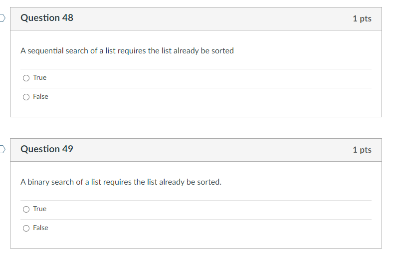 Solved > Question 48 1 pts A sequential search of a list | Chegg.com