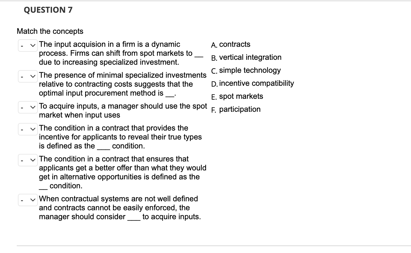 Solved Match the concepts The input acquision in a firm is a | Chegg.com