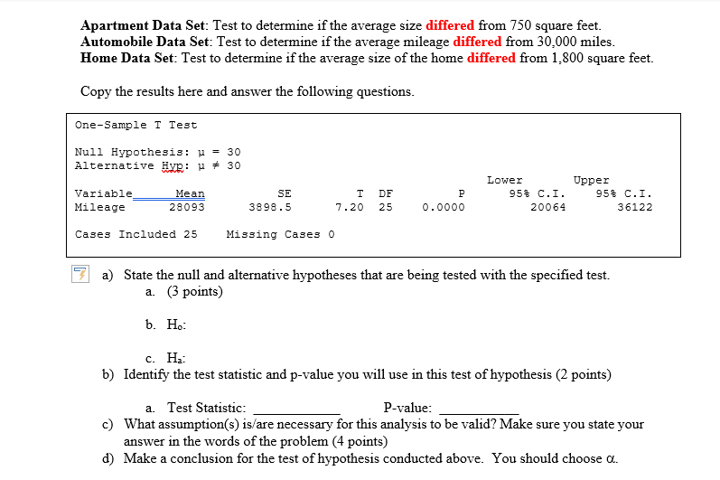 Solved Apartment Data Set: Test to determine if the average | Chegg.com