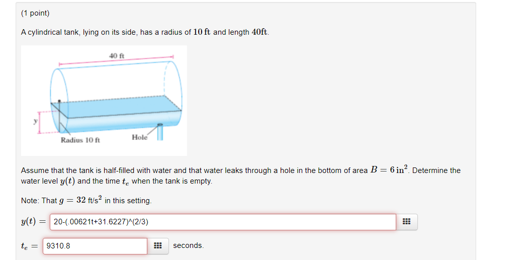 Solved (1 point) A cylindrical tank, lying on its side, has | Chegg.com