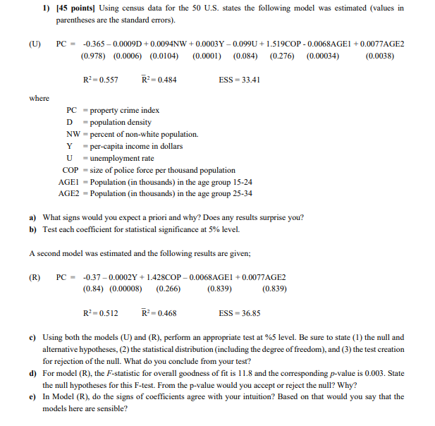 Solved 1) (45 points Using census data for the 50 U.S. | Chegg.com