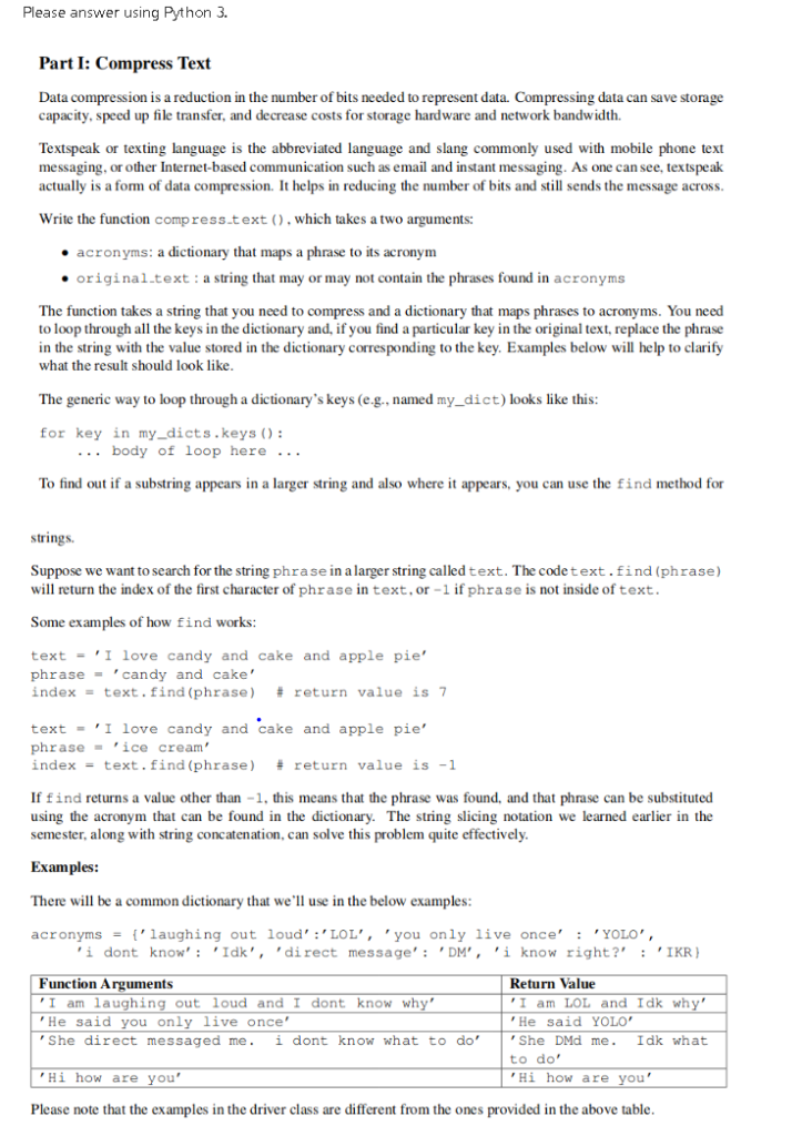 Solved Please answer using Python 3. Part I: Compress Text | Chegg.com